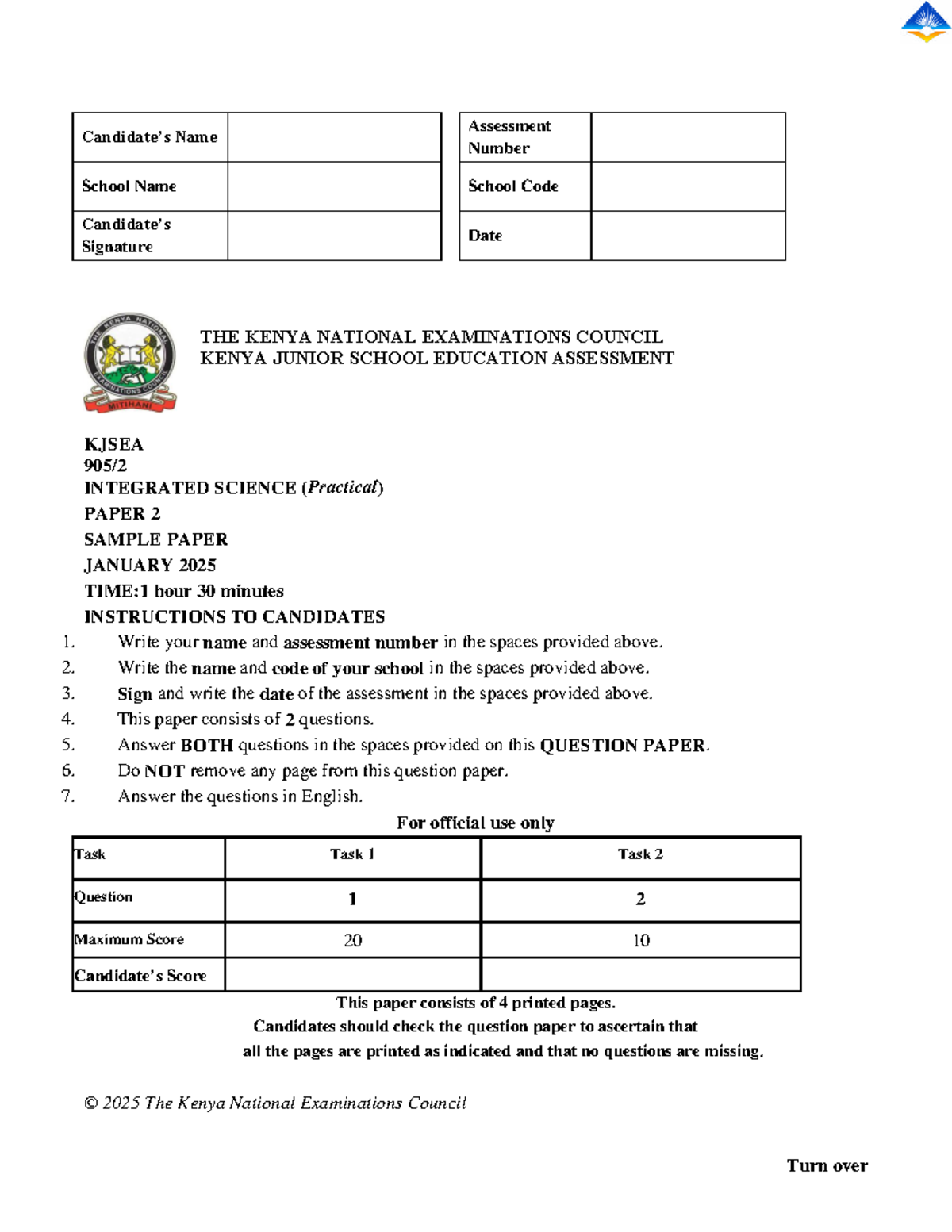 KJSEA Integrated Science (905) Practical Paper 2 Sample Exam 2025 - Studocu