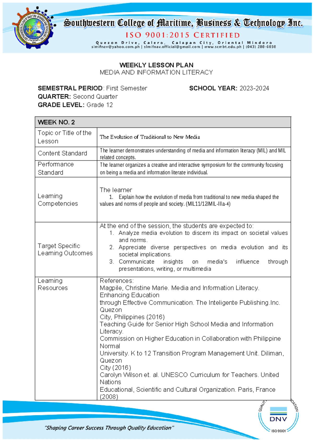 MIL WEEK 2 - pls read this for ur reference - WEEKLY LESSON PLAN MEDIA ...