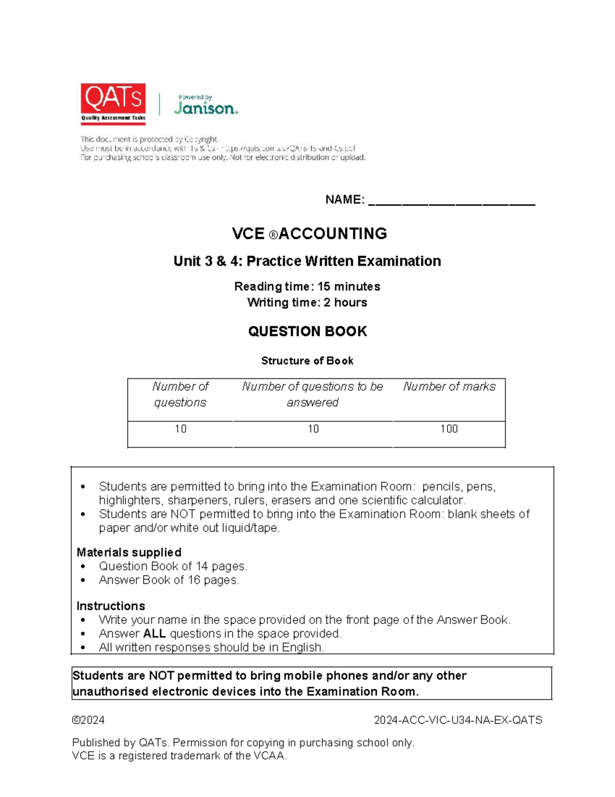 VCE® Accounting Unit 3 & 4 Combined Practice Exam 2024 - Studocu
