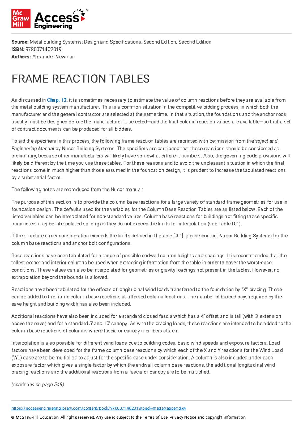 Frame Reaction Tables for Foundation Design in Metal Buildings - Studocu