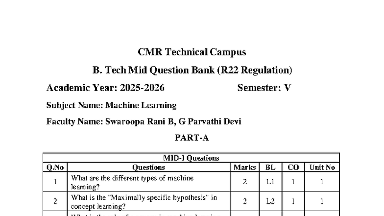 B. Tech CMR Technical Campus ML Mid Question Bank (R22) - Studocu