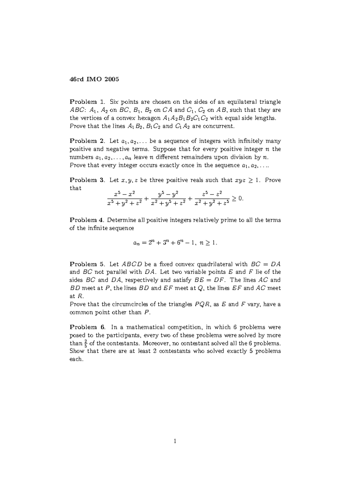 2005 IMO Problems and Solutions: Hexagons, Sequences, and More - Studocu