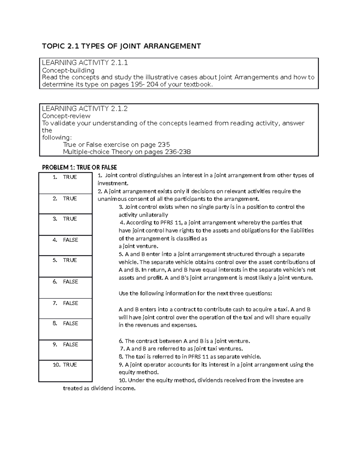 Joint Arrangements & Joint Ventures: Learning Activities & Exercises ...