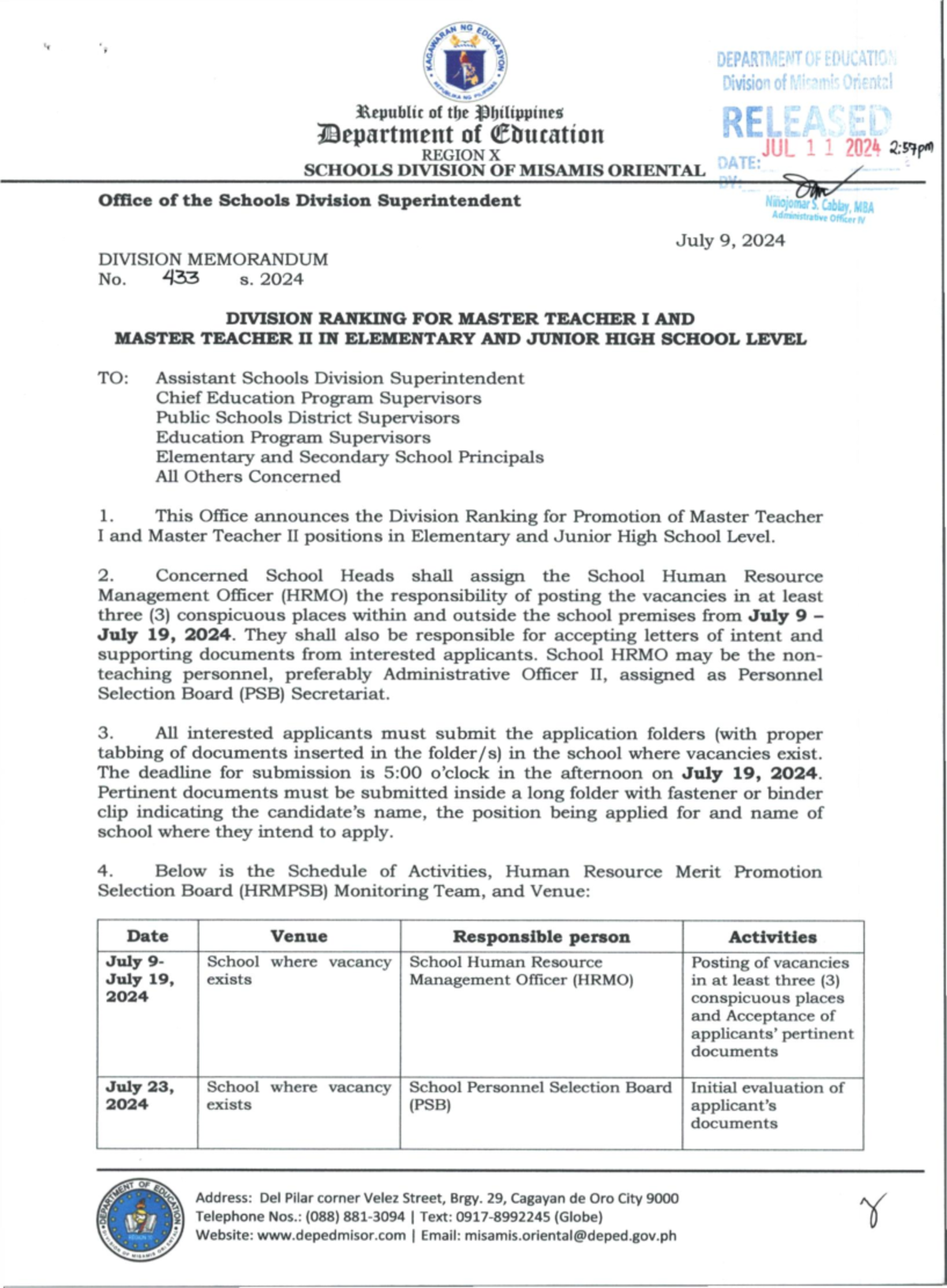 Memo - Application Procedure for Master Teacher Ranking (No. 433 S ...