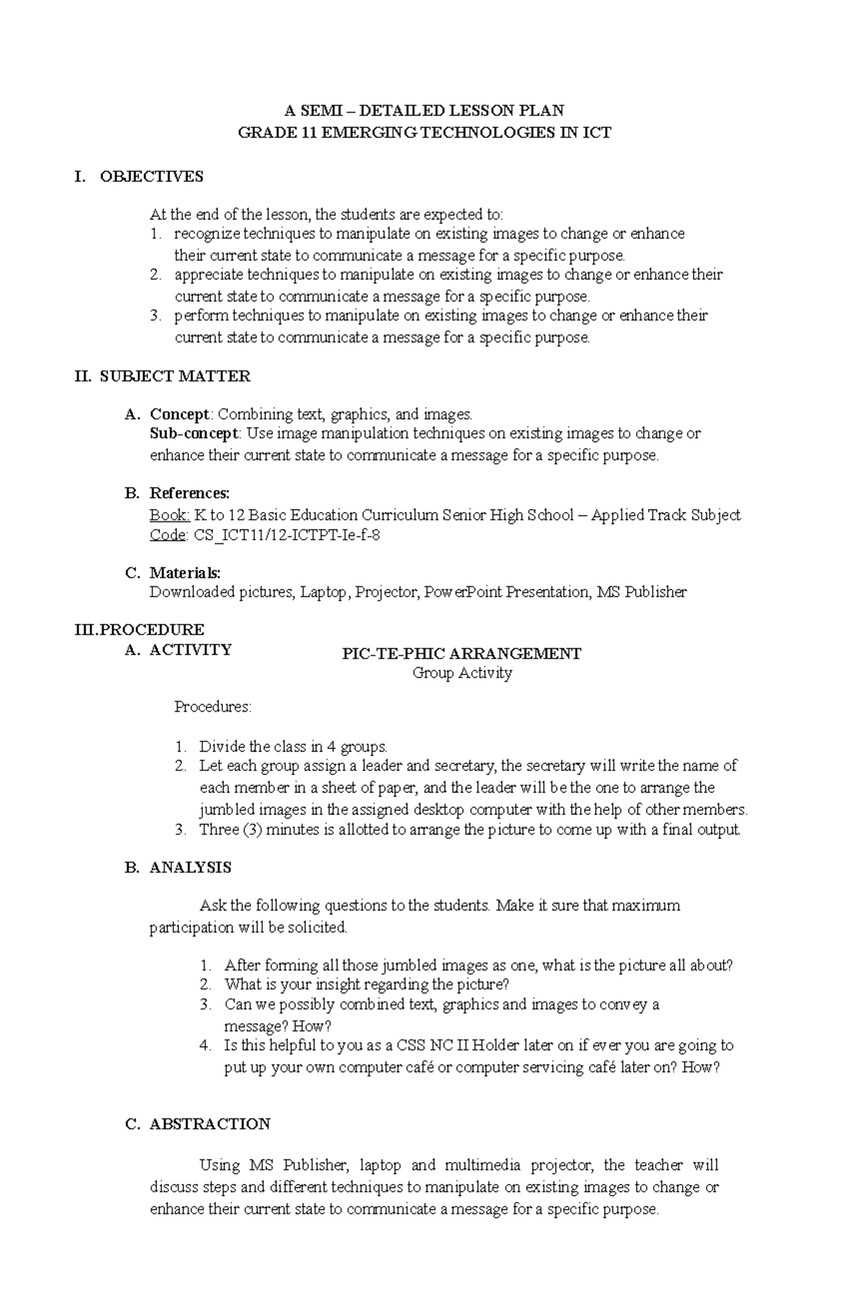 Empowerment Technologies Lesson Plan for Grade 11: Image Manipulation - Studocu