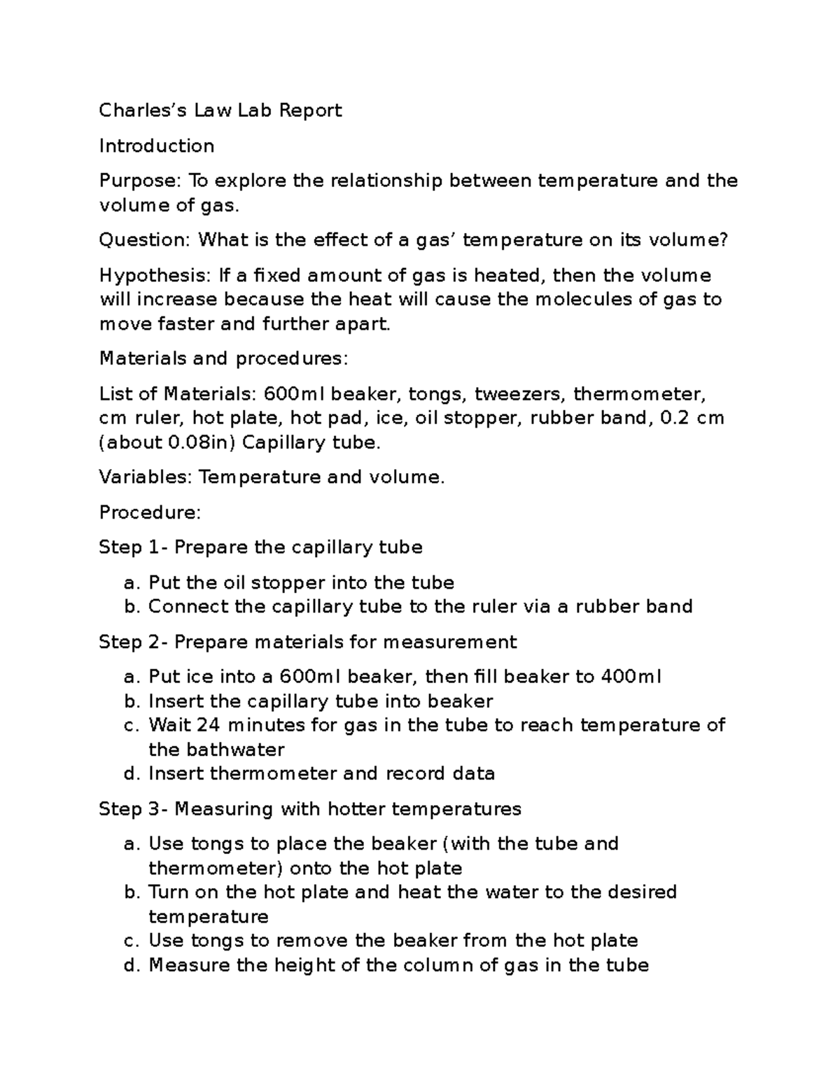 Charles's Law Lab Report: Investigating Gas Volume & Temperature - Studocu
