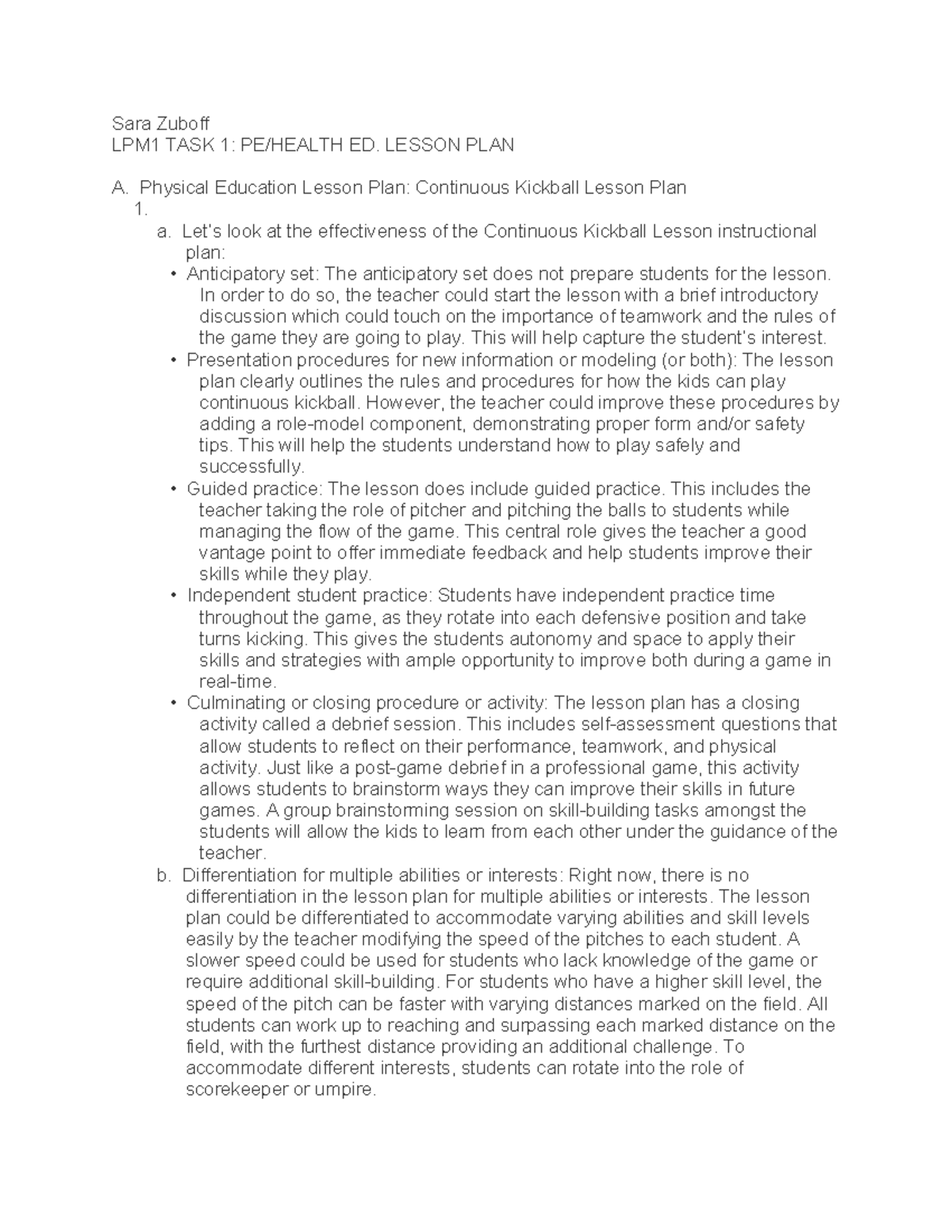 LPM1 TASK 1: PE/HEALTH ED Continuous Kickball Lesson Plan - Studocu