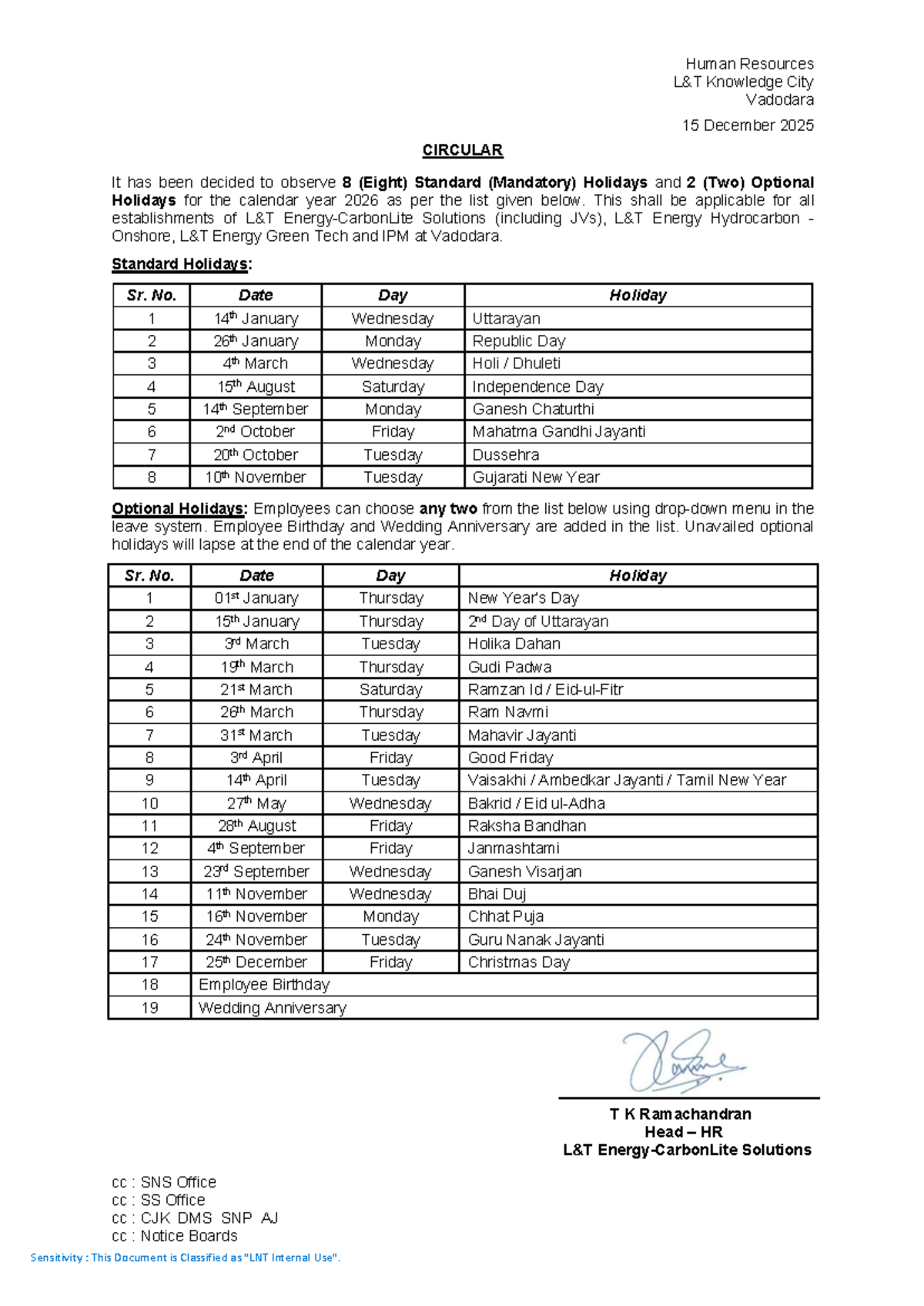 Holiday Circular 2026 for HR Solutions (Vadodara) - Studocu