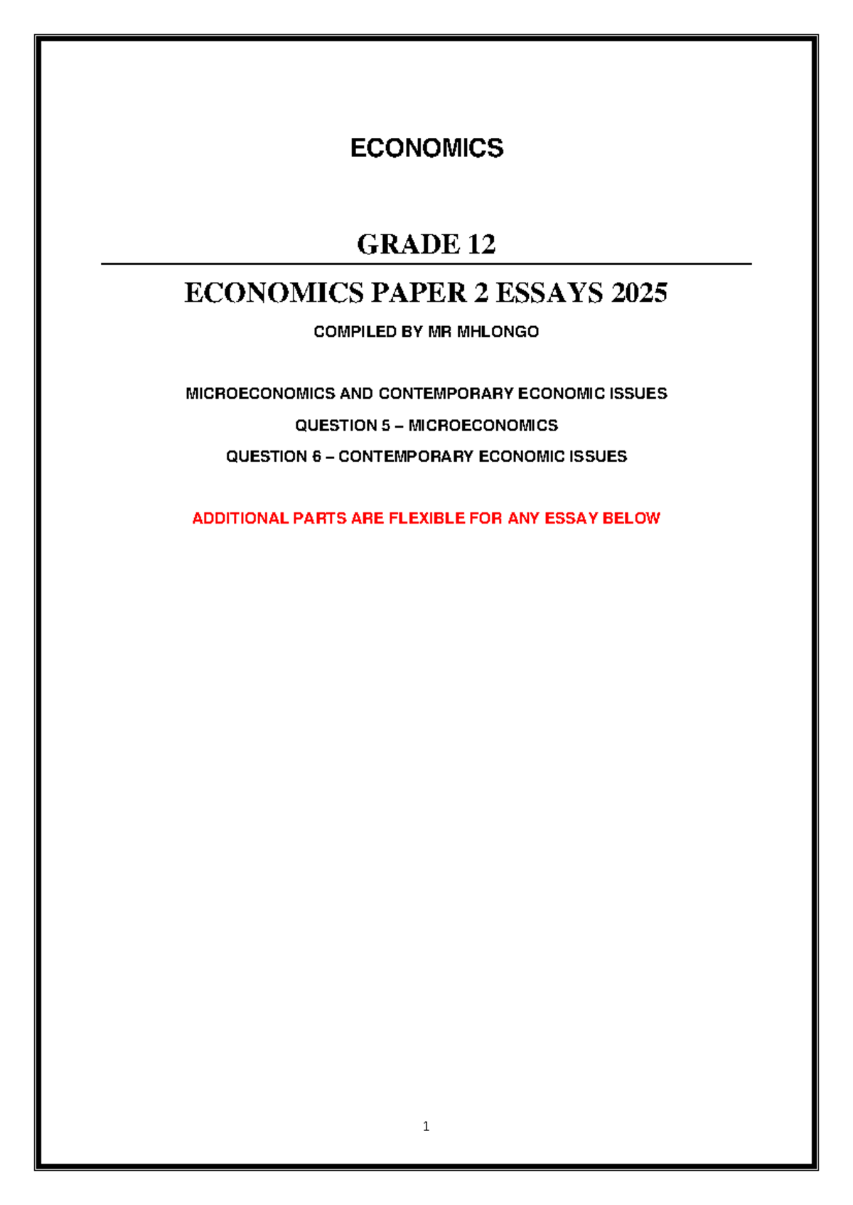 GRADE 12 ECONOMICS PAPER 2 ESSAYS 2025: MICRO & CONTEMPORARY ISSUES - Studocu