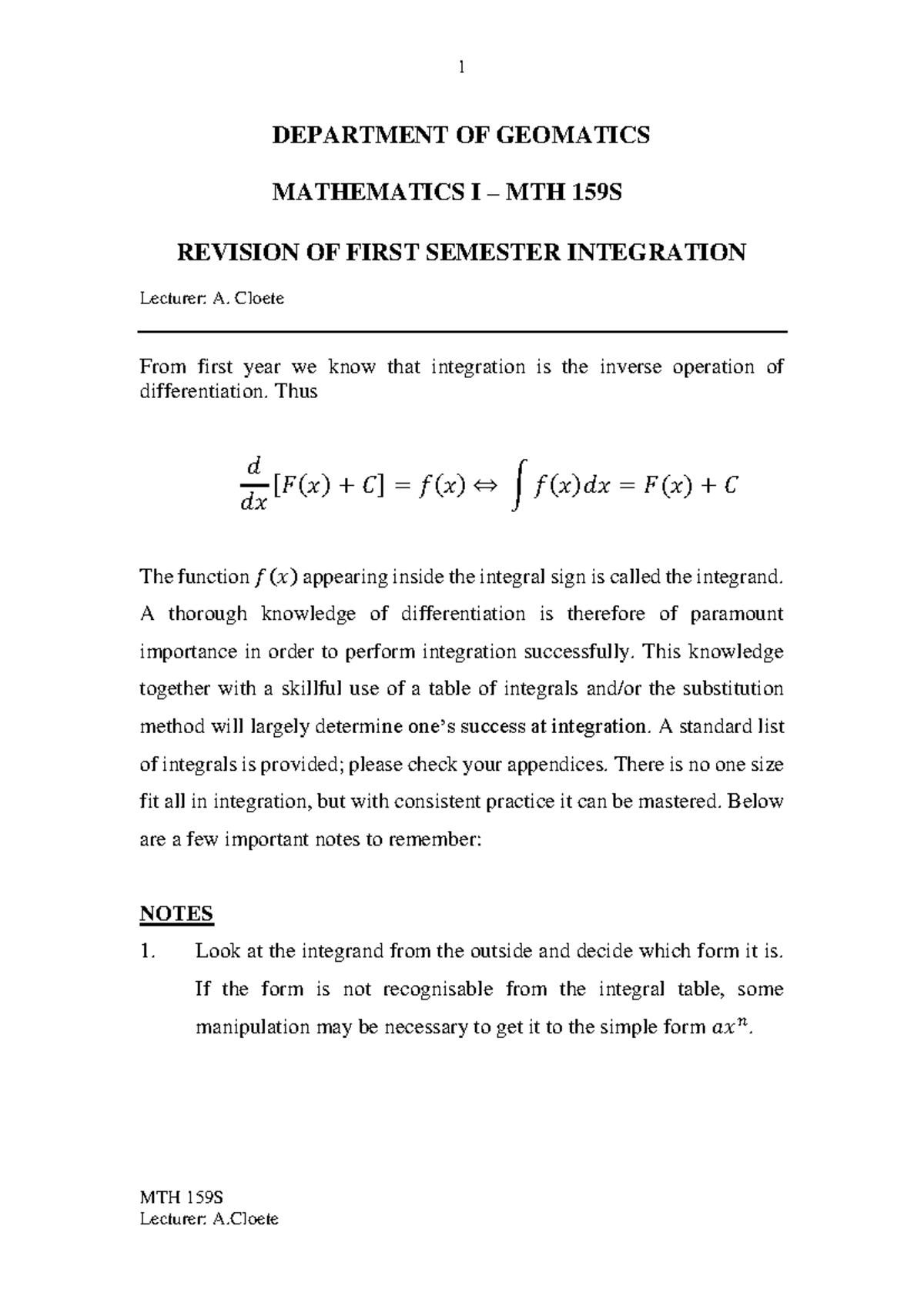 1st Sem MTH 159S Integration Revision Notes for Mathematics I - Studocu