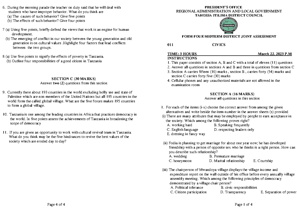 CIVICS FORM FOUR MIDTERM DISTRICT JOINT ASSESSMENT 011: Key Concepts ...