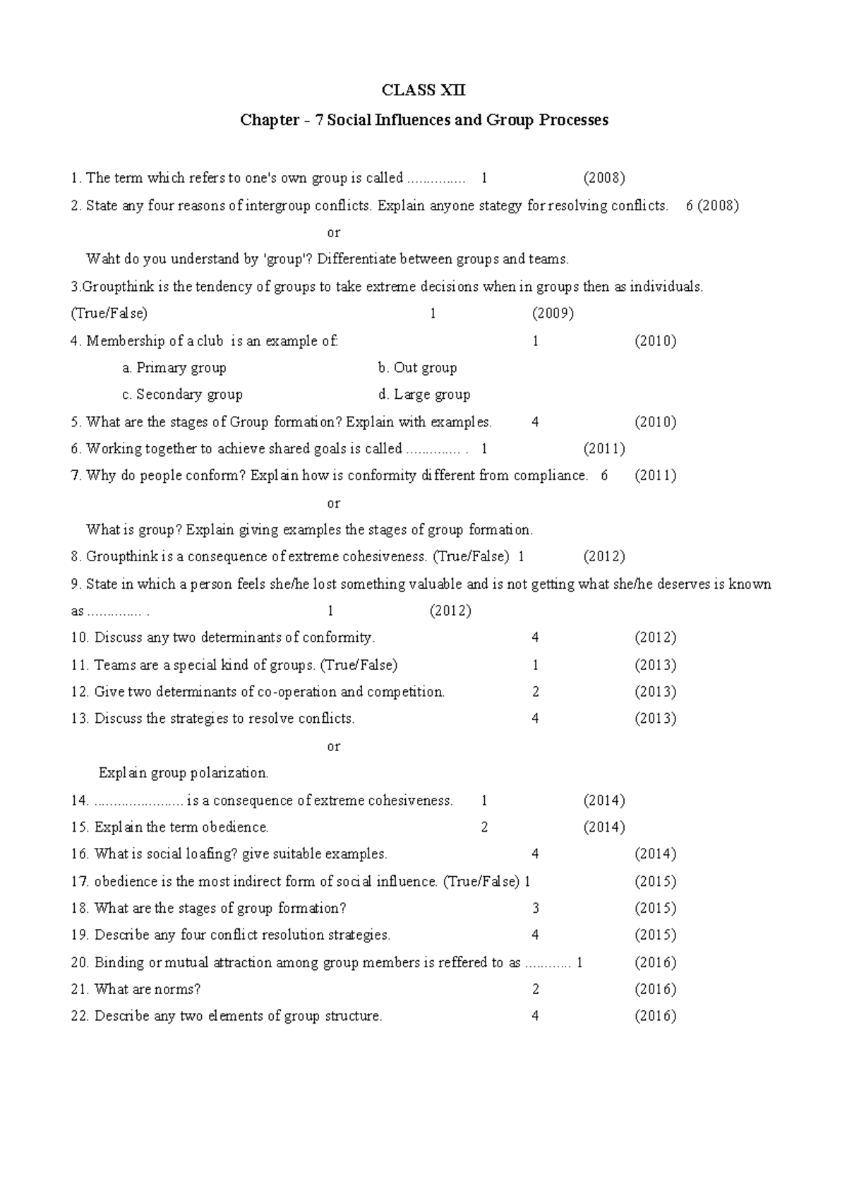 Class 12 psychology- class notes - CLASS XII Chapter - 7 Social ...