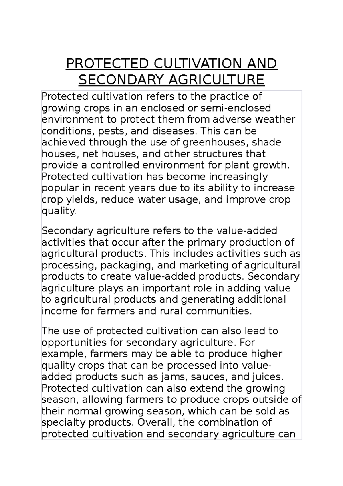 Protected Cultivation AND Secondary Agriculture - PROTECTED CULTIVATION ...