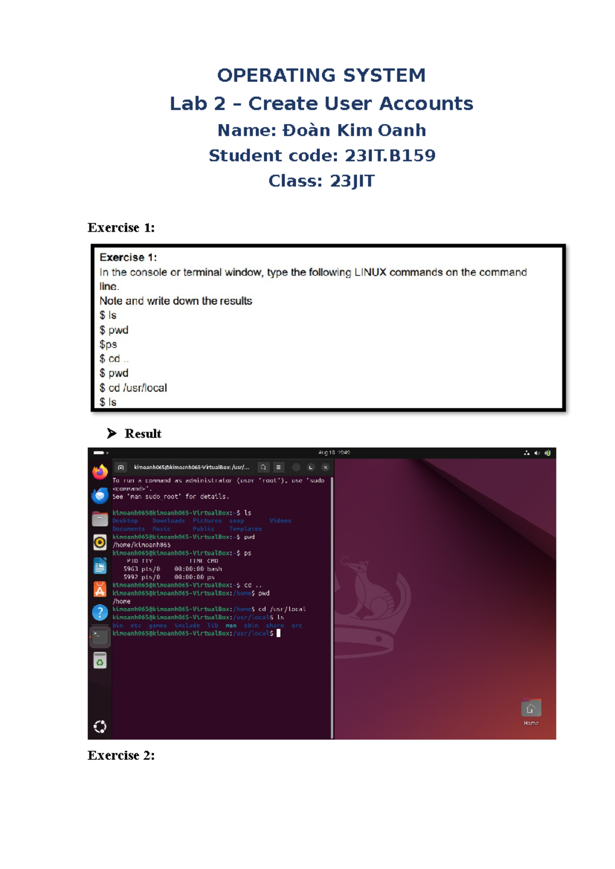 Lab1 osintro - Operating system - OPERATING SYSTEM Lab 2 – Create User ...