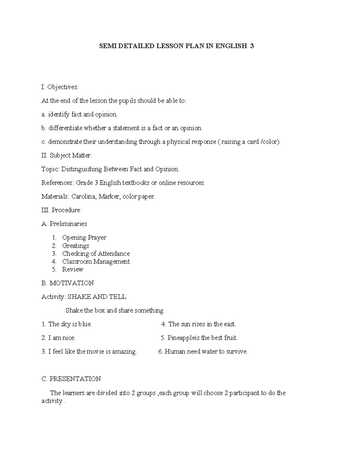 Grade 3 English 3 Lesson Plan: Fact vs. Opinion Activities - Studocu