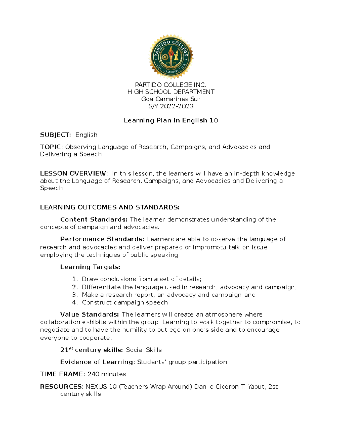 LP FOR GR10 - English 10 Learning Plan on Language and Speech - Studocu