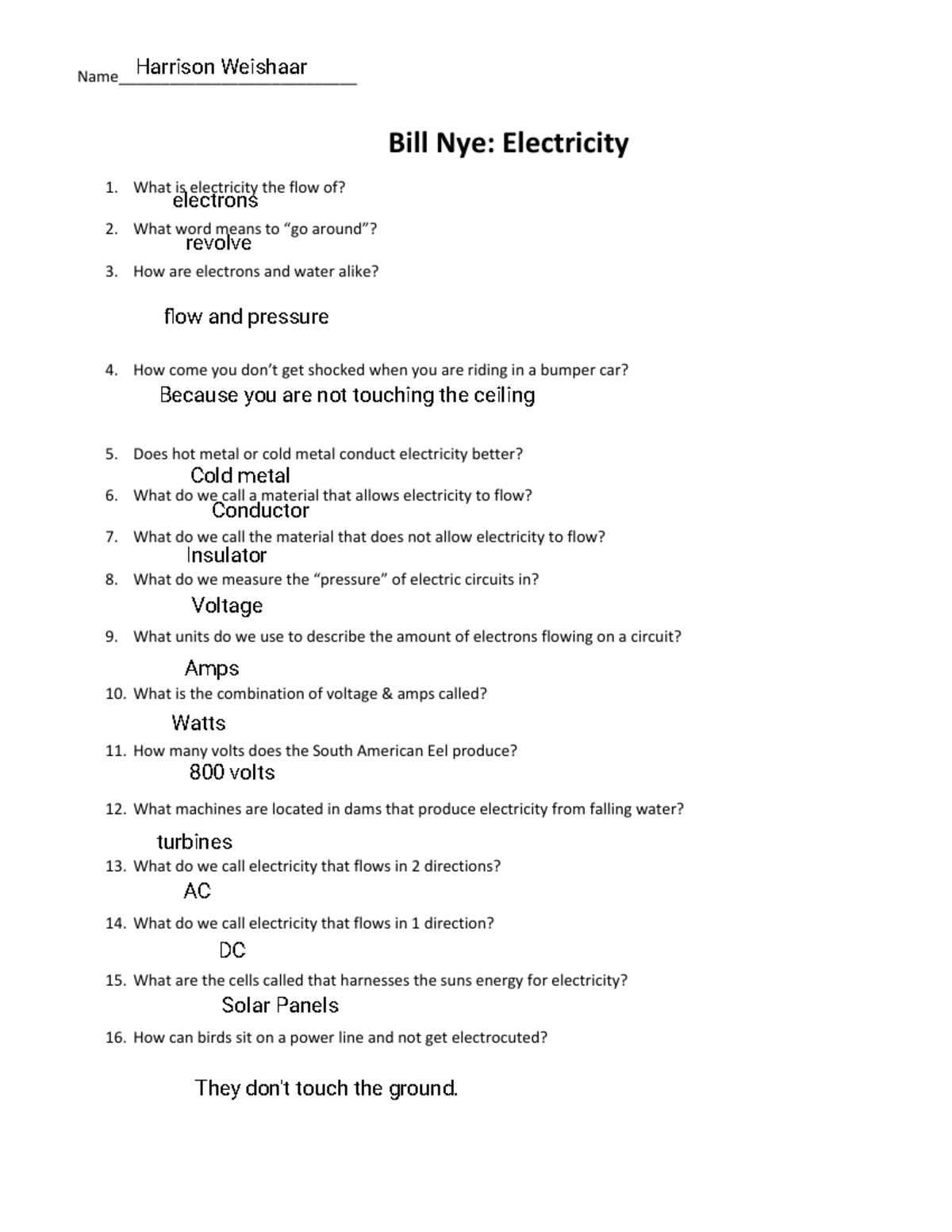 Harrison Weishaar - Bill Nye Electricity Worksheet - Name 1. 2. 3. 4. 5 ...