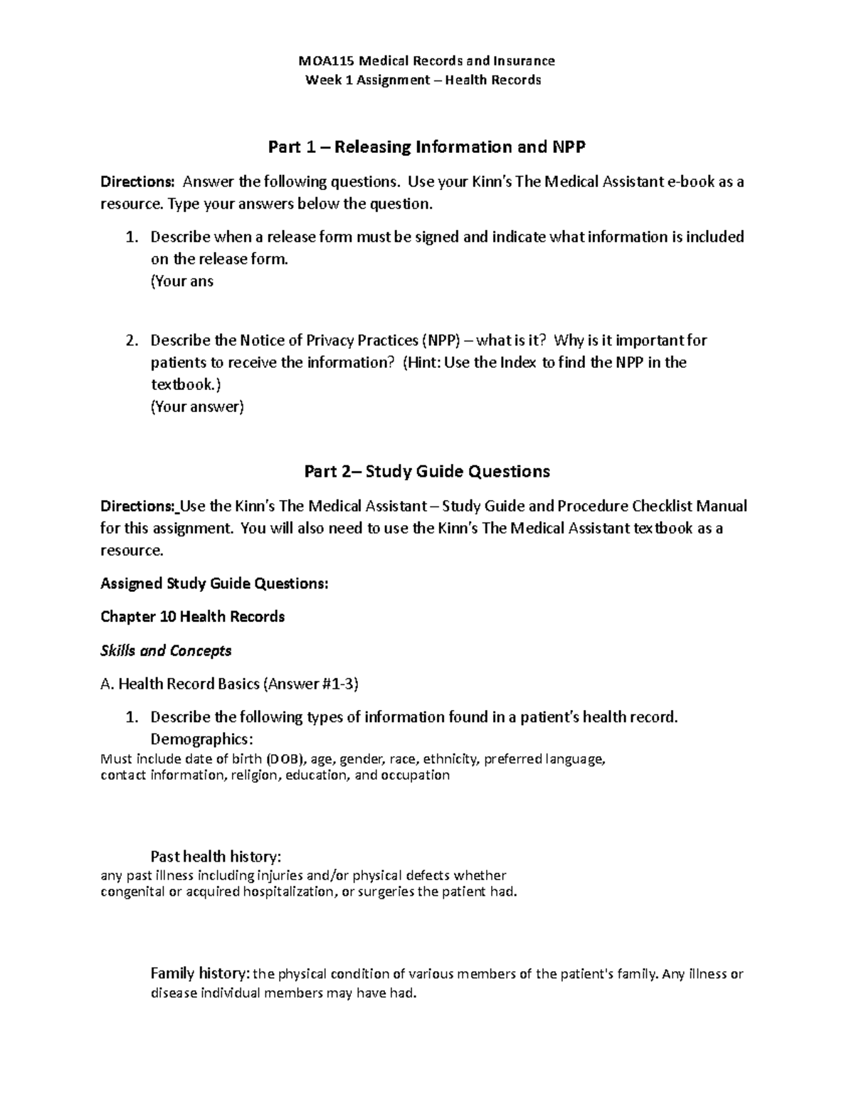 MOA115 Medical Records and Insurance Wk1 Assignment - Health Records ...
