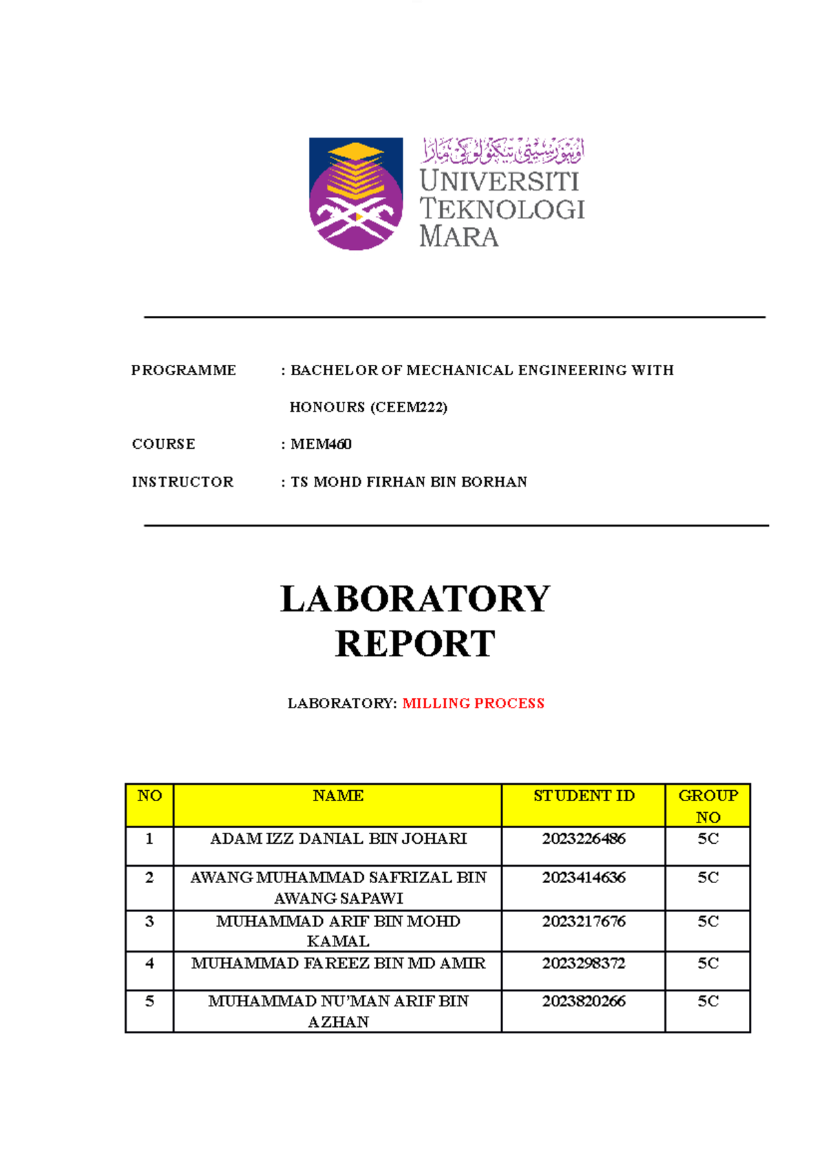 MEm Lab Report on Milling Process - CEEM222 - Studocu
