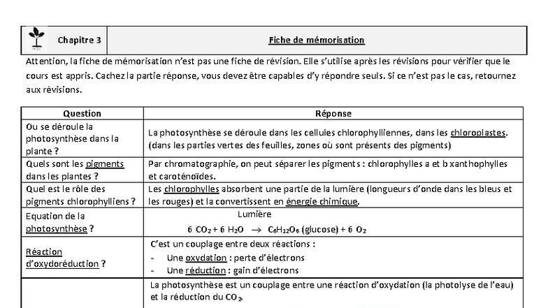 Chapitre 3 : Fiche de mémorisation sur la Photosynthèse - Studocu