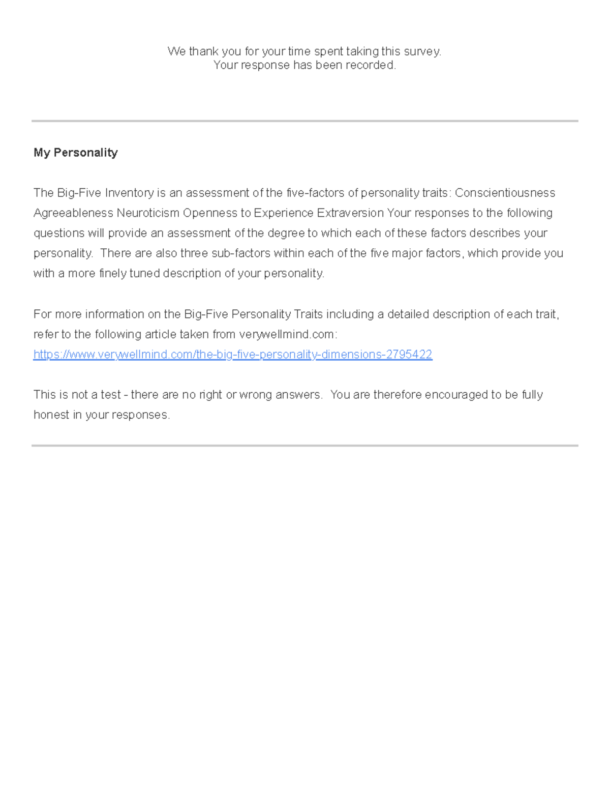 Response Summary: My Personality Assessment Results - Studocu