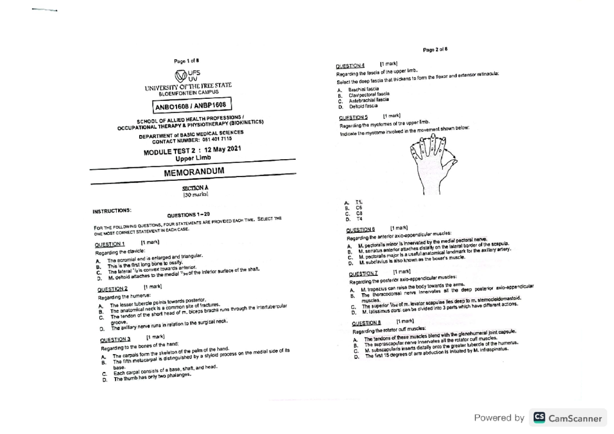 ANBO1608 Upper Limb Module Test 2 Notes - 2021 - Studocu