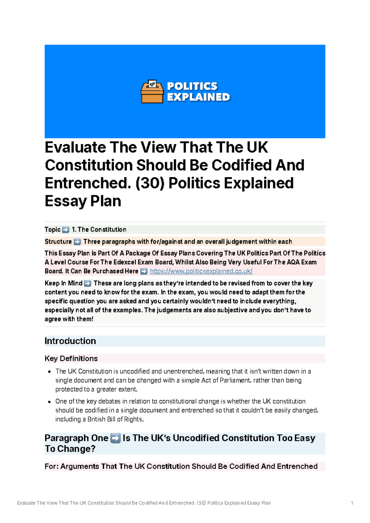 Evaluate the Argument for Codifying the UK Constitution (30) Politics A ...