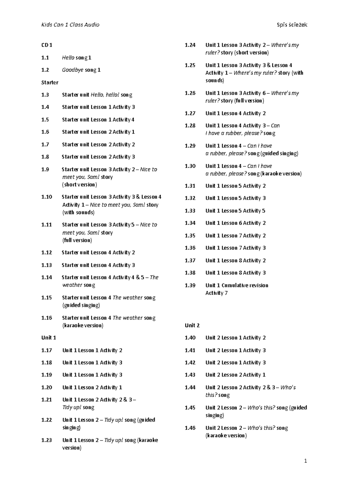 Kids Can 1 Class Audio CD Track List 2 - Studocu