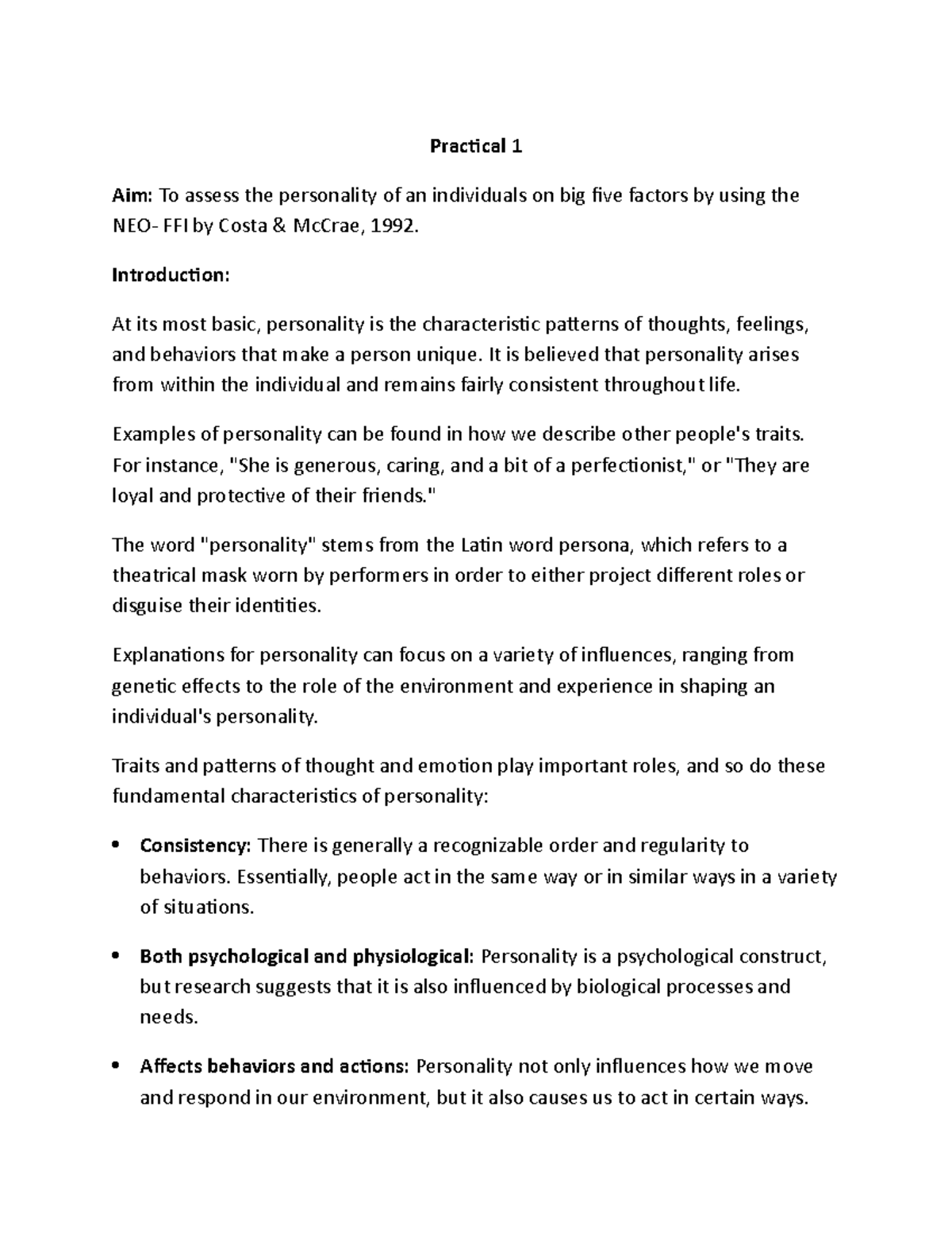 NEO FFI Practical 1: Analyzing Personality Through the Big Five - Studocu