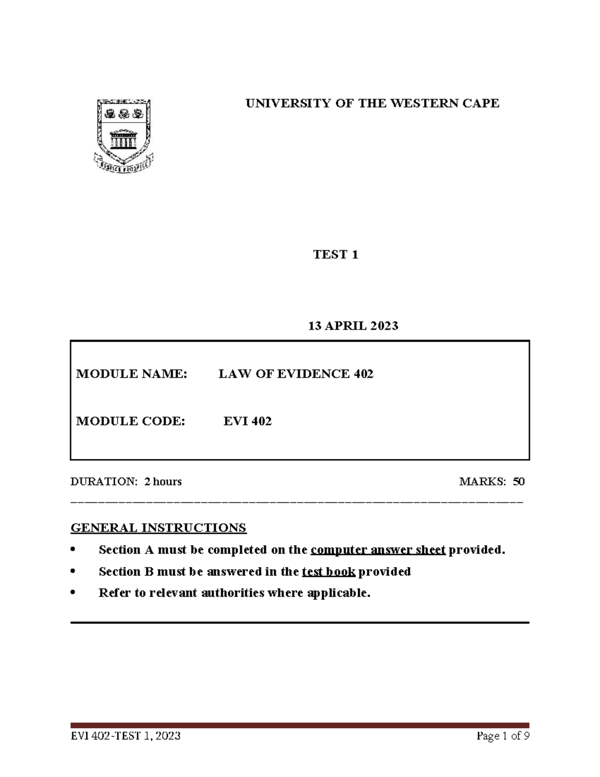 Evidence Test 1 2023 - helpful previous paper - UNIVERSITY OF THE ...