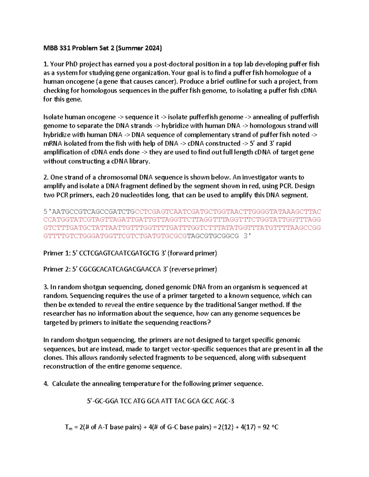 MBB 331 Problem Set 2: Gene Organization in Puffer Fish Study - Studocu