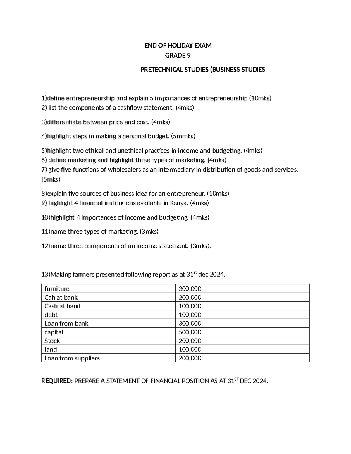 END OF HOLIDAY EXAM GRADE 9 PRETECH STUDIES (BUSINESS 1) - Studocu