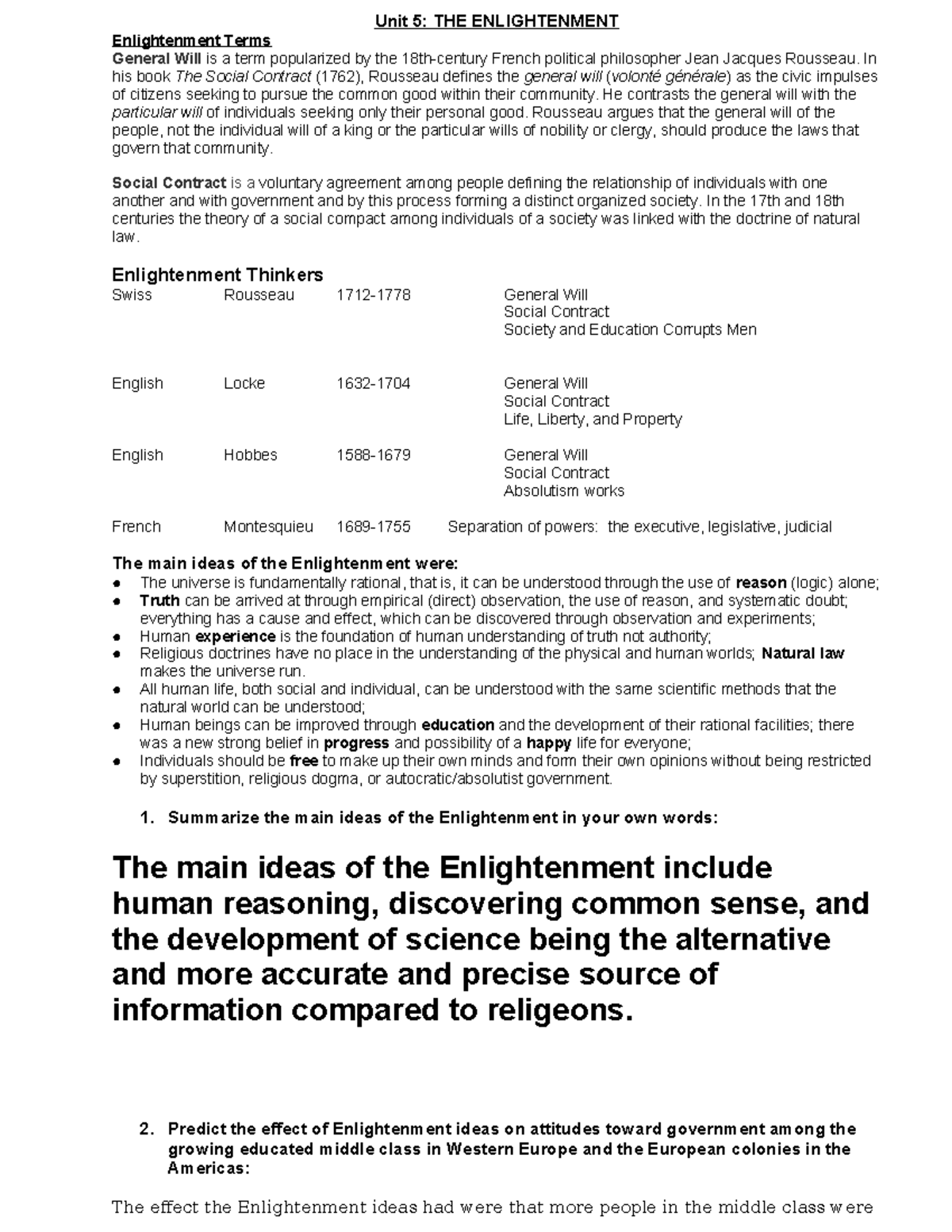 Unit 5: Enlightenment Concepts and Thinkers Overview - Studocu