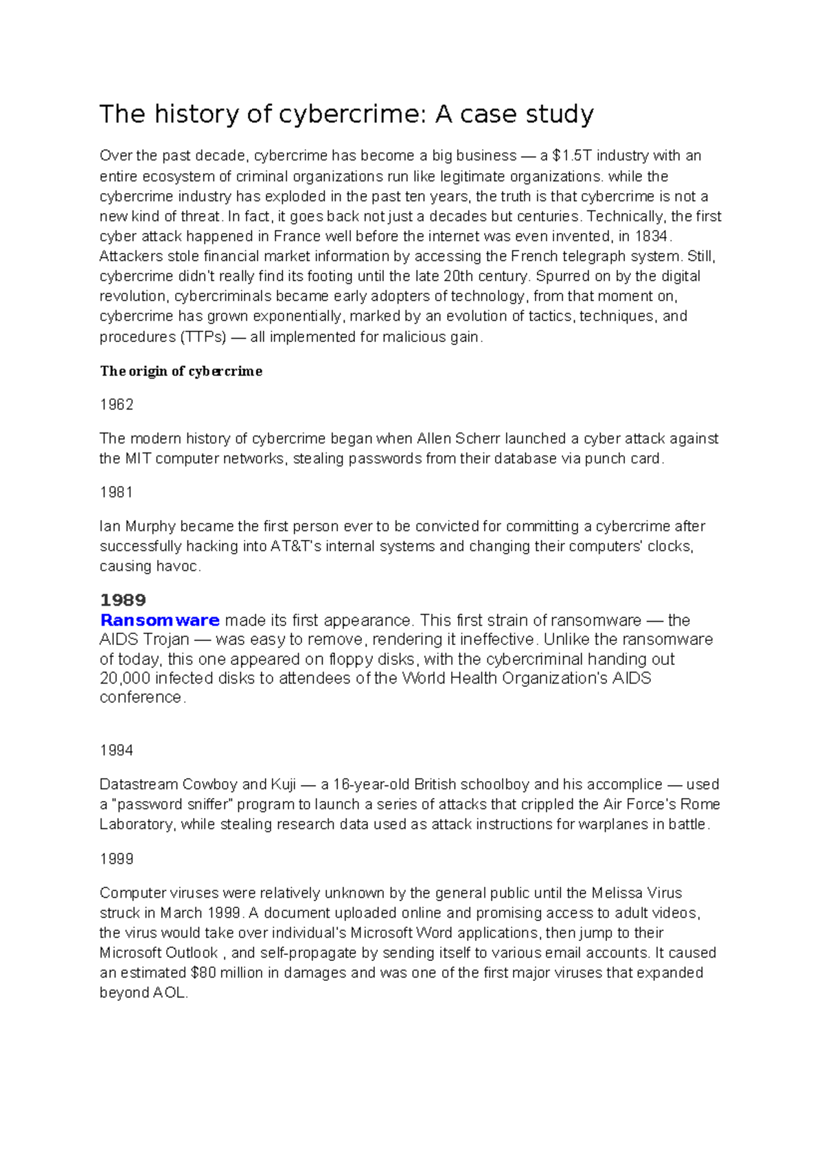 The history of cybercrime: A case study (CS 101) - Studocu
