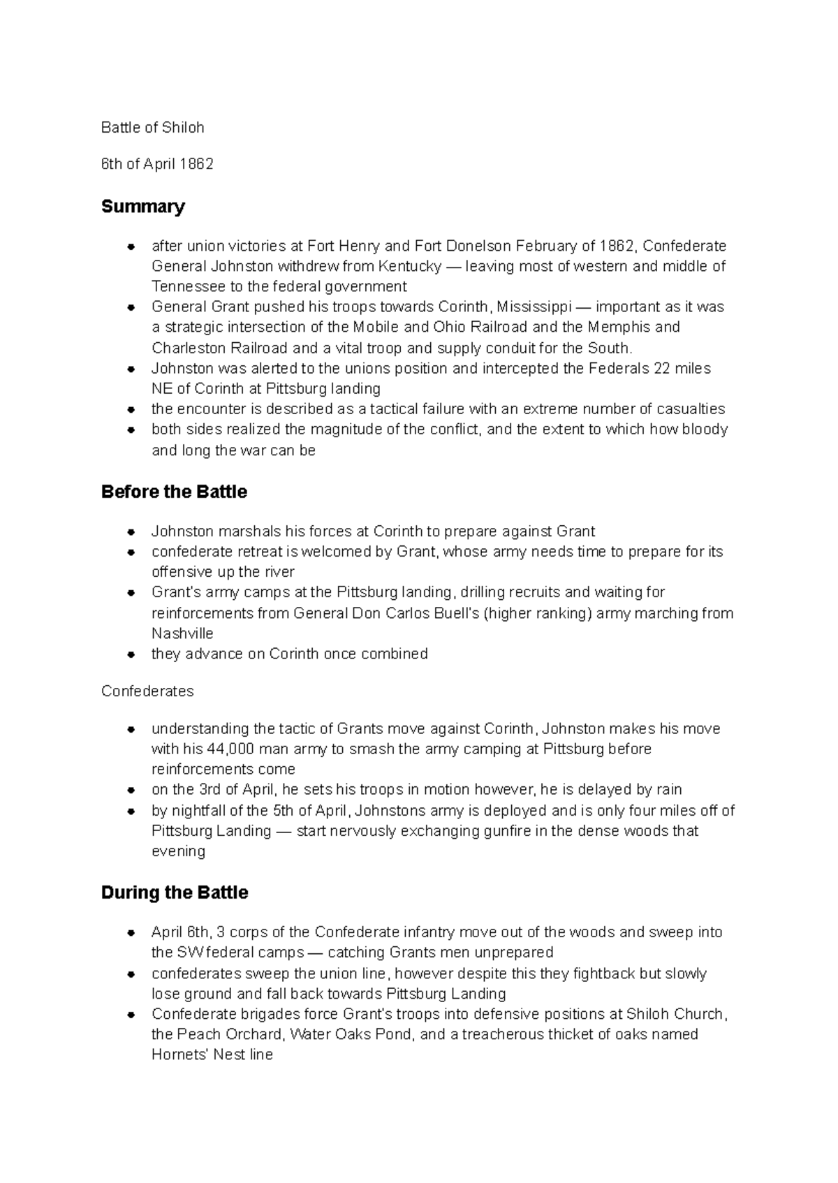 Battle of Shiloh: Summary of the April 6, 1862 Conflict - Studocu