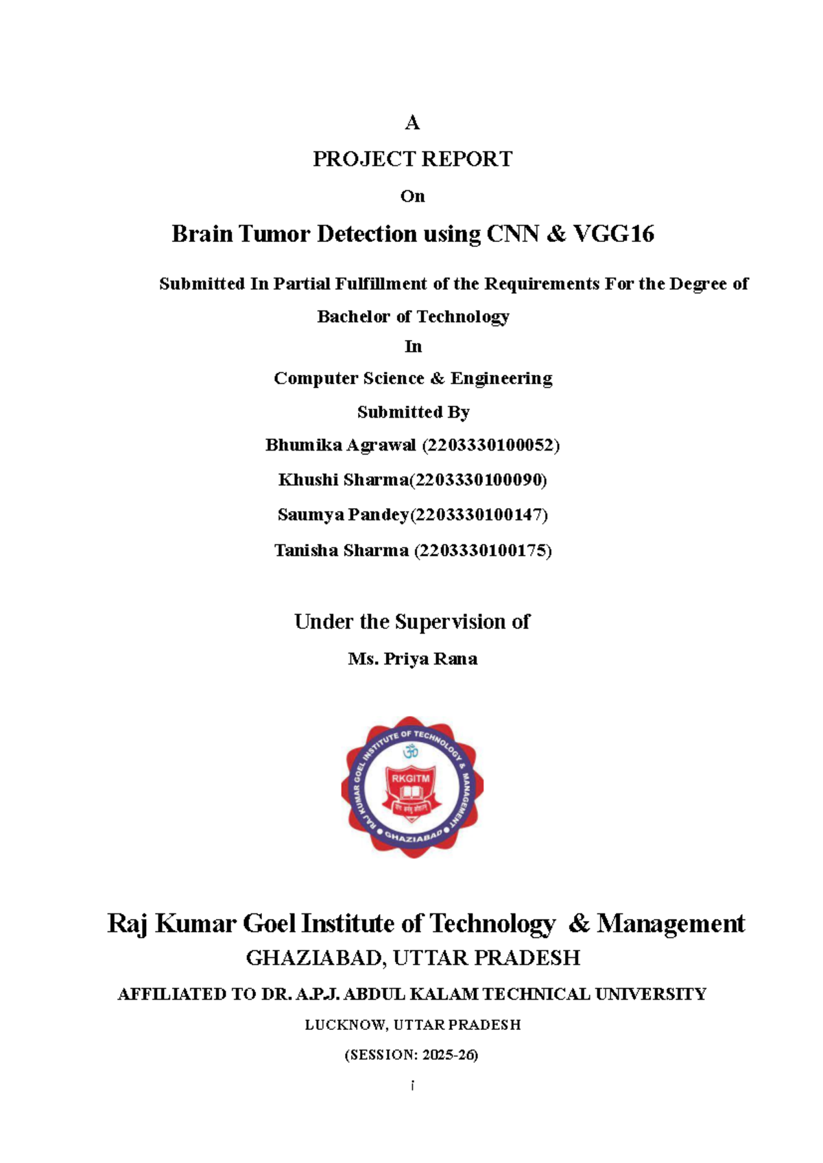 B.Tech Project Report: Brain Tumor Detection Using CNN VGG16 - Studocu