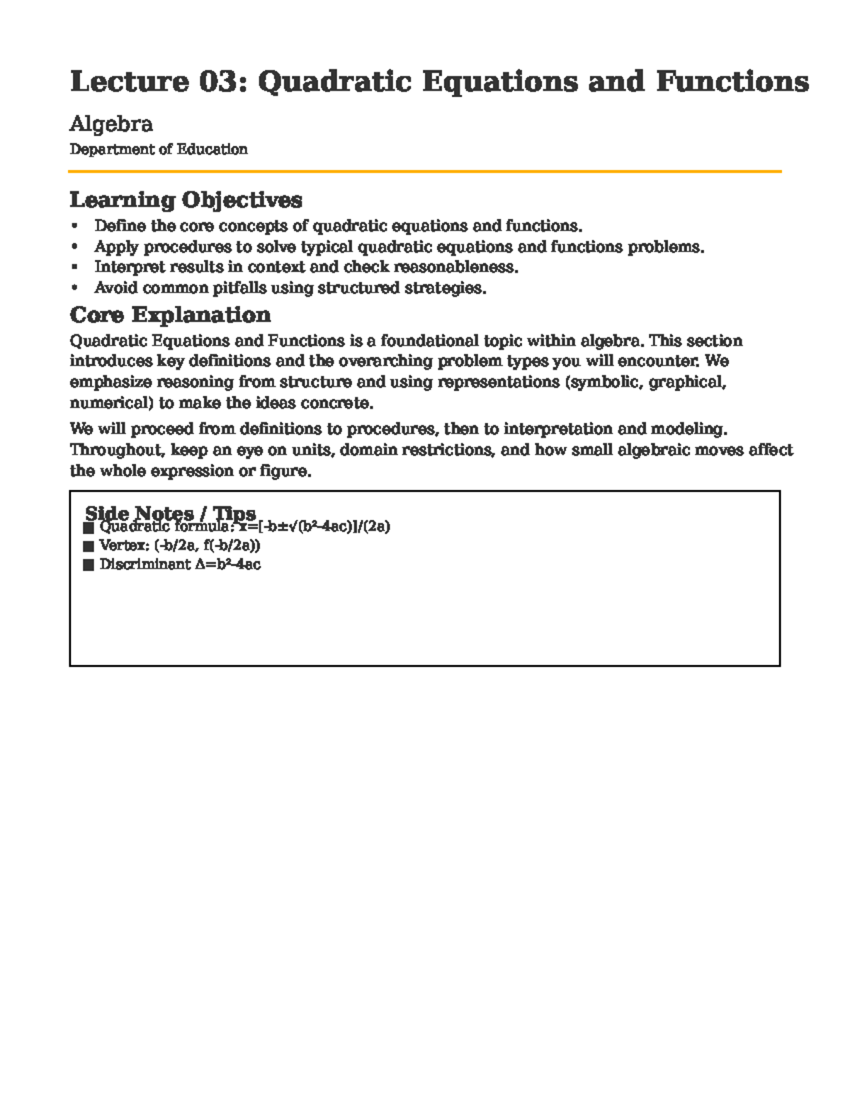 Lecture 03: Understanding Quadratic Equations & Functions - Studocu