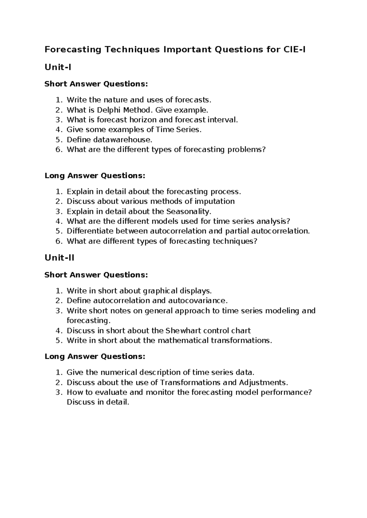 FT Forecasting Techniques: Key Questions for Short & Long Answers - Studocu