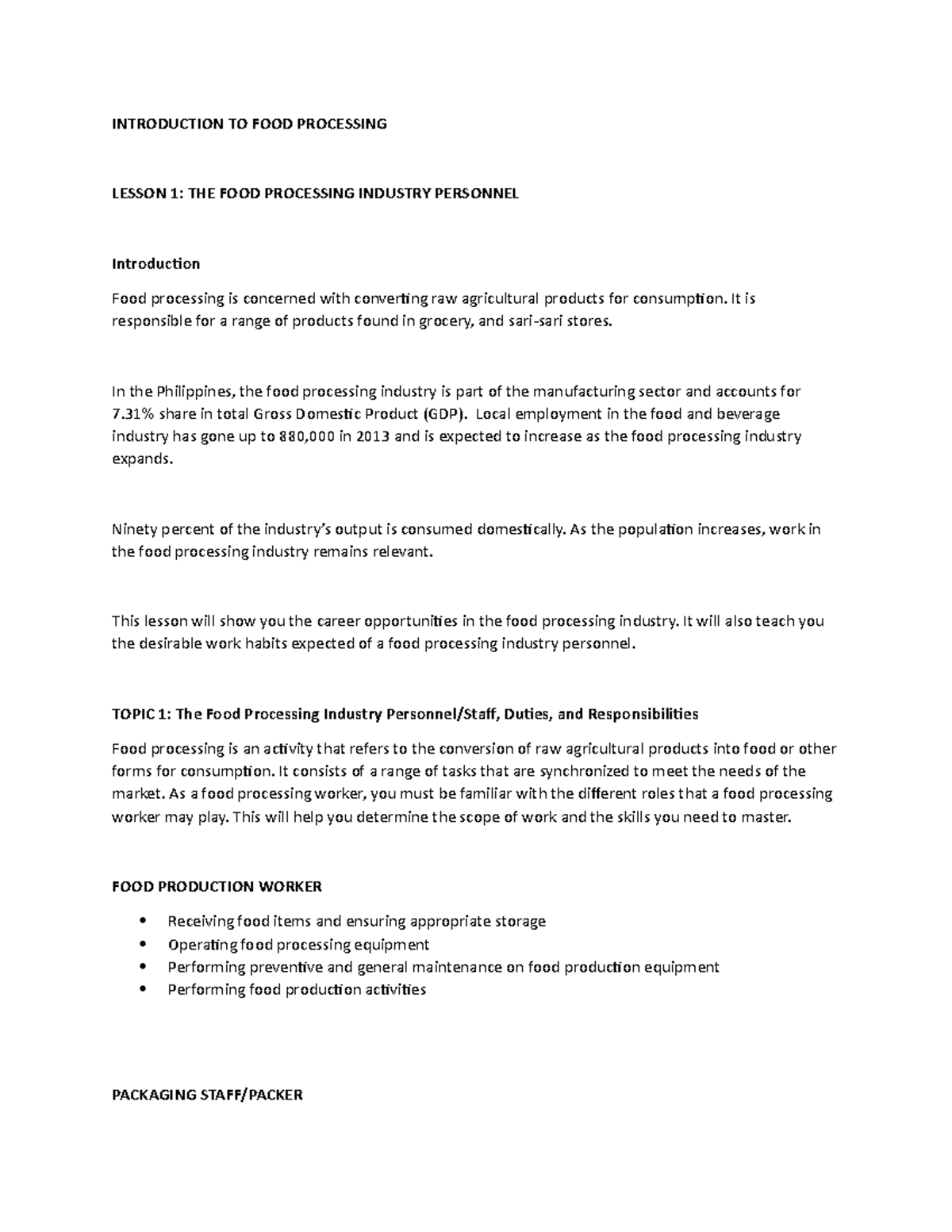 Introduction TO FOOD Processing - INTRODUCTION TO FOOD PROCESSING ...
