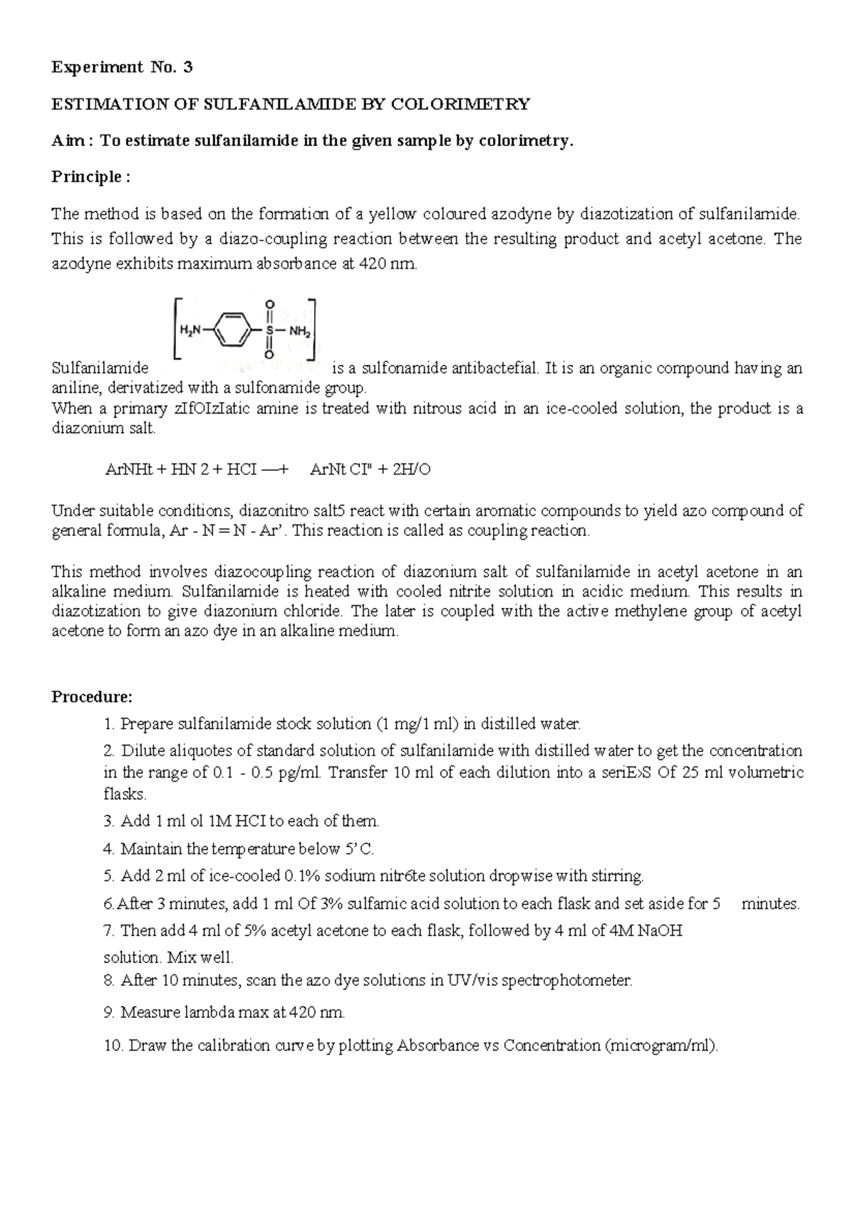 Experiment No 3 - Colorimetric Estimation of Sulfanilamide in Medicinal ...