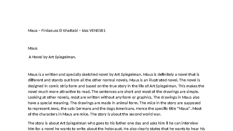 Maus: A Short Essay on Art Spiegelman's Graphic Novel VENS1B1 - Studeersnel