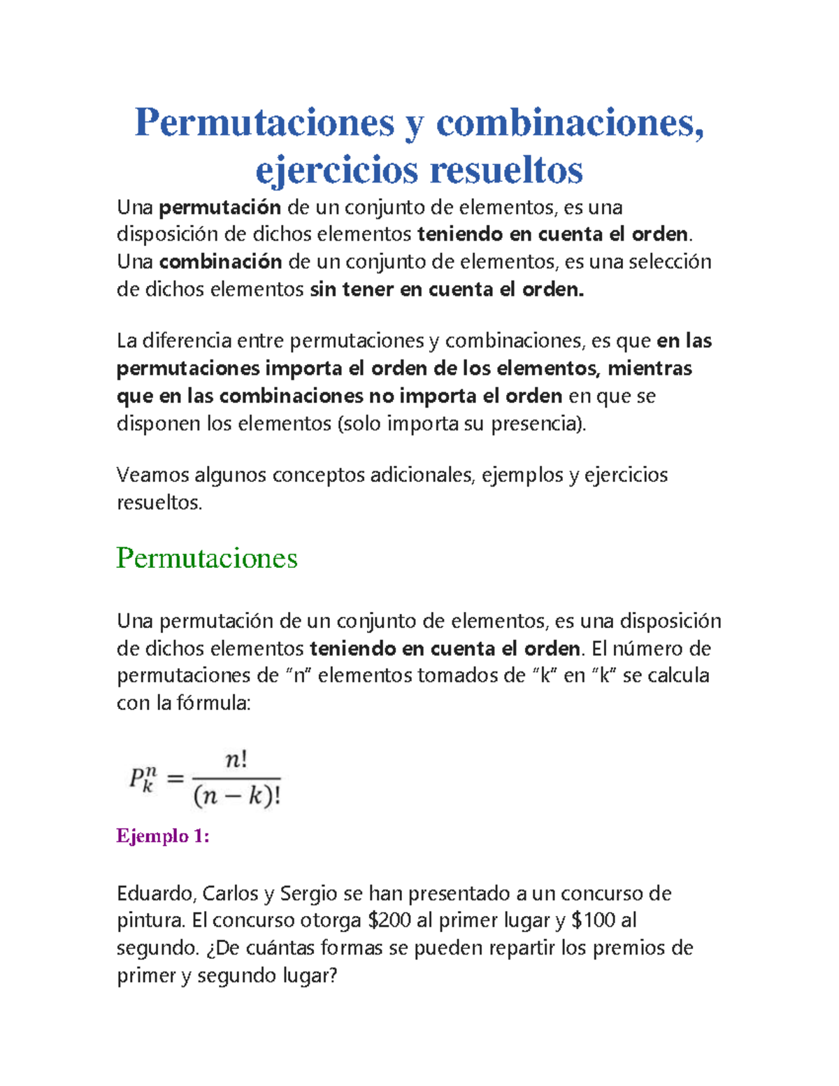 Hojas De Trabajo De Permutaciones Y Combinaciones