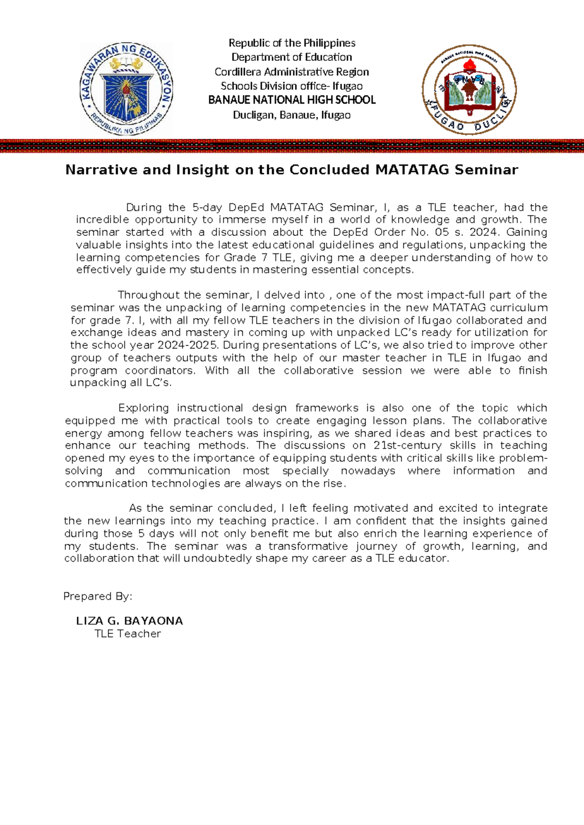 Narrative Insights from the DepEd MATATAG Seminar for TLE Educators - Studocu