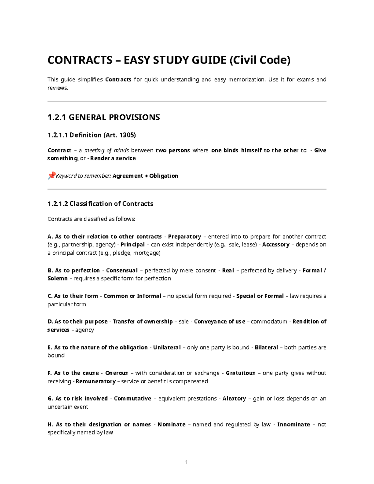 Contracts Easy Study Guide (Civil Code) for Quick Exam Prep - Studocu