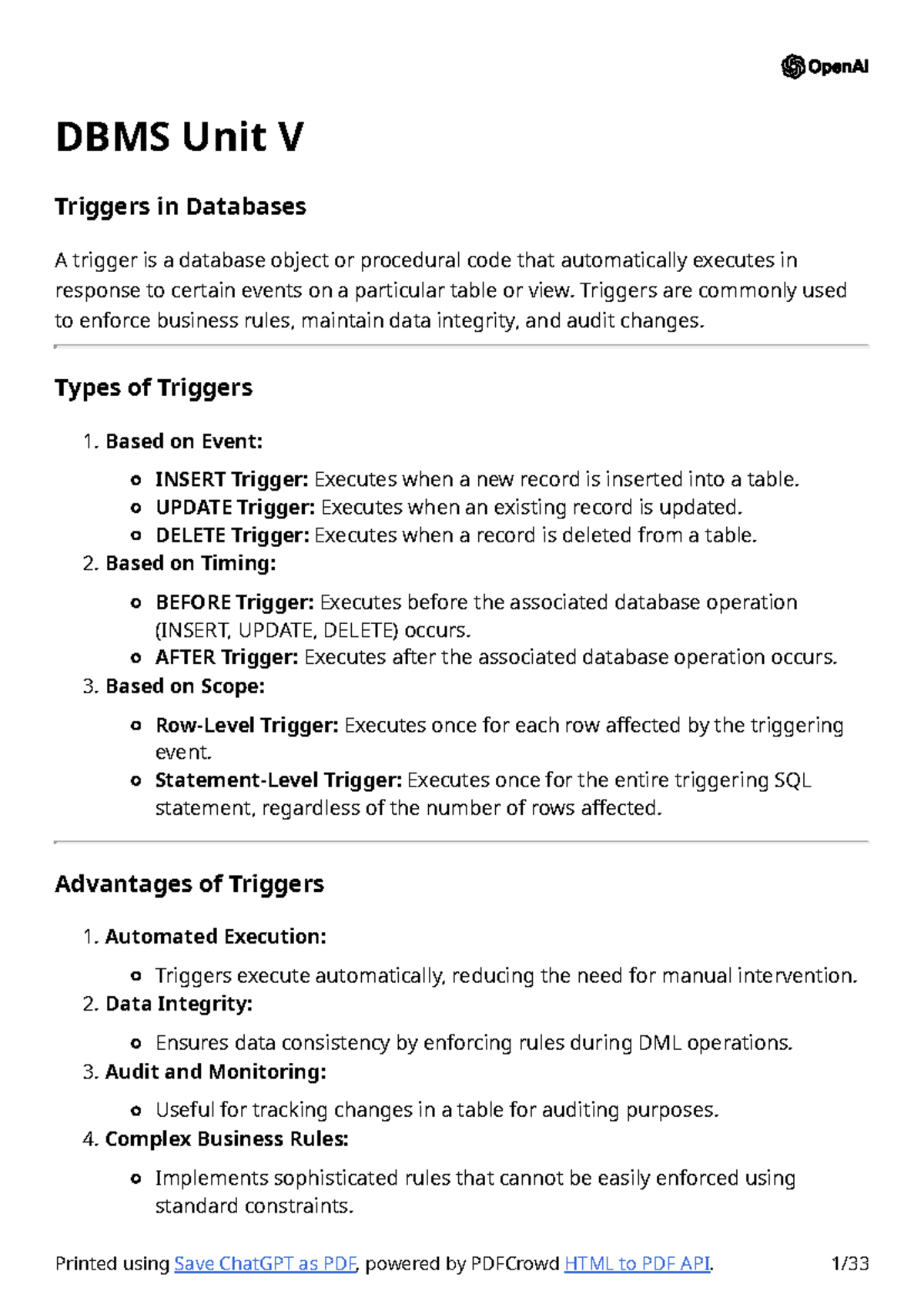 DBMS Unit V - Triggers, Cursors, and Exception Handling in SQL - Studocu