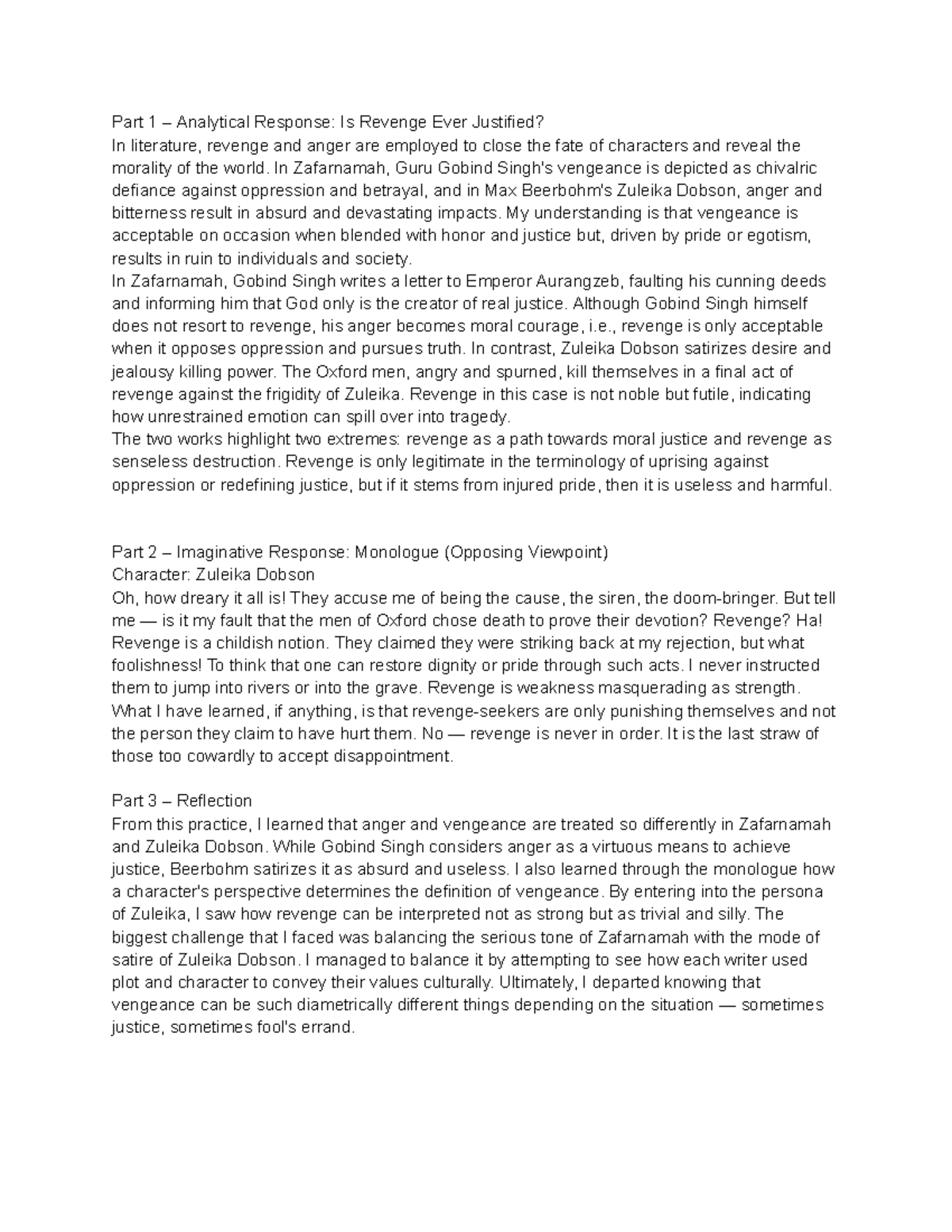 Comparative Analysis of Revenge in Zafarnamah & Zuleika Dobson - Studocu