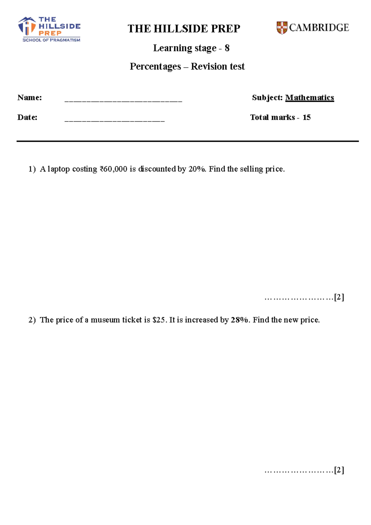 MATH 8 Percentages Revision Test: Key Concepts & Problems - Studocu