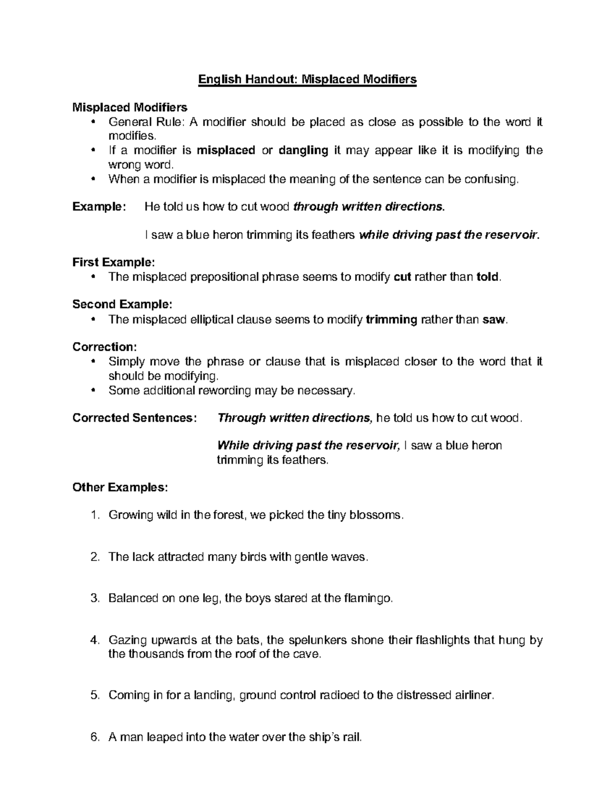 English Handout: Misplaced Modifiers Explained - Studocu