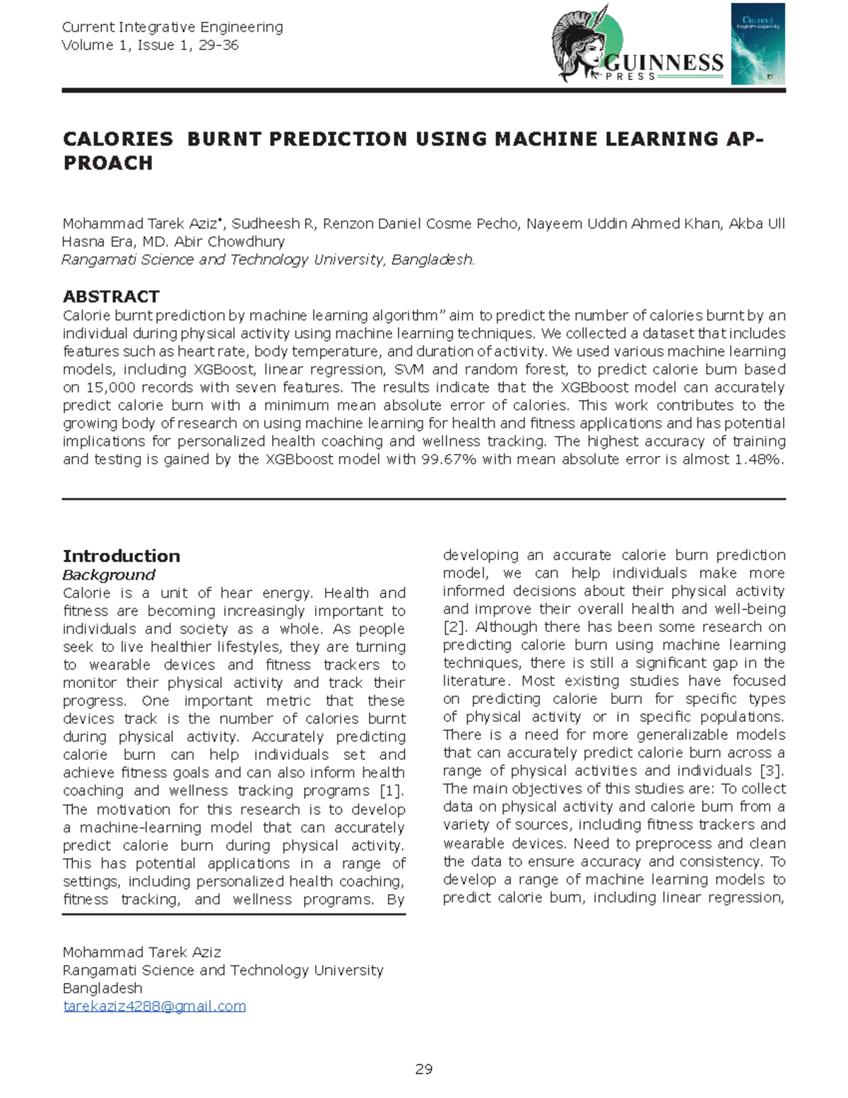 Calories Burnt Prediction Using ML Techniques - Current Integrative Eng ...