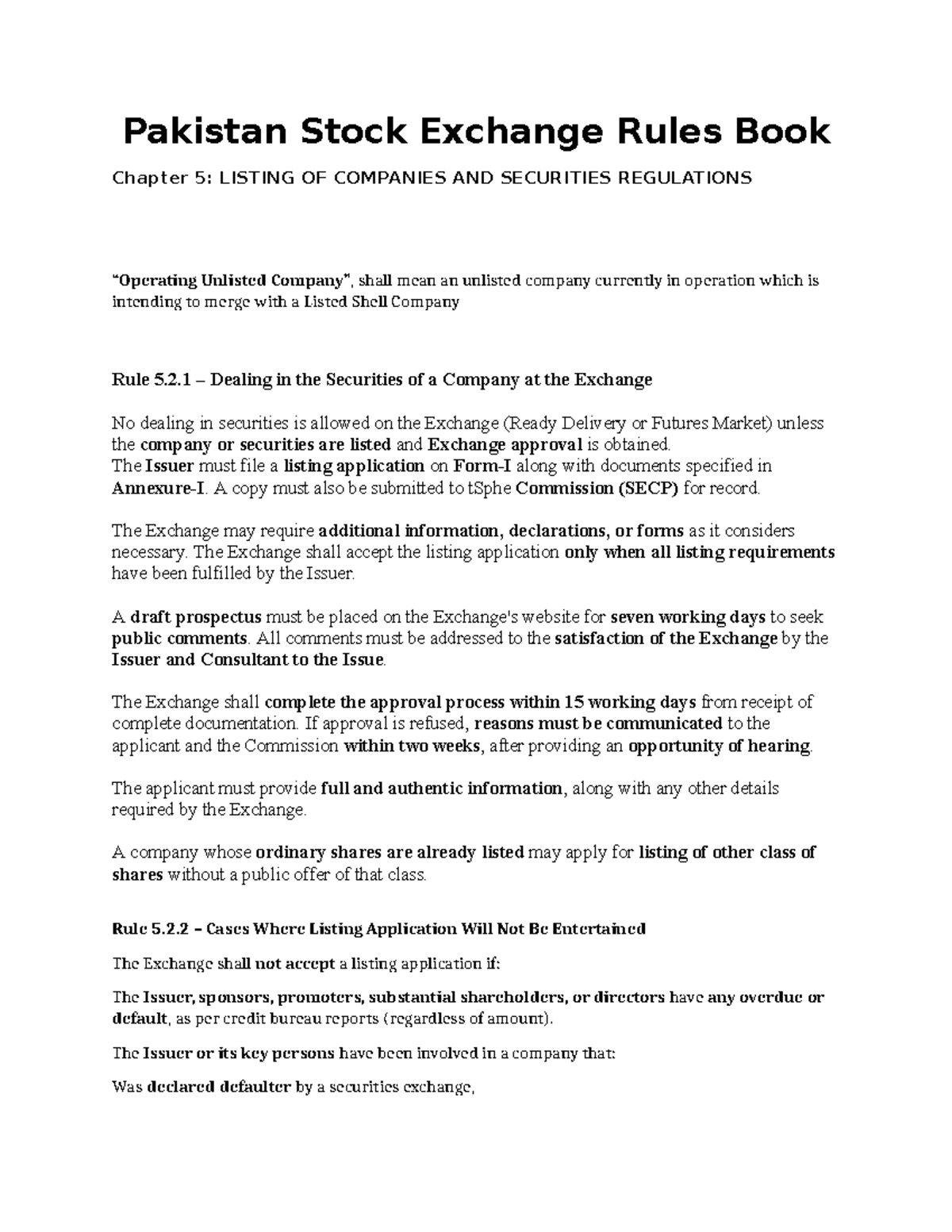 Pakistan Stock Exchange Rules Book: Chapter 5 Overview - Studocu
